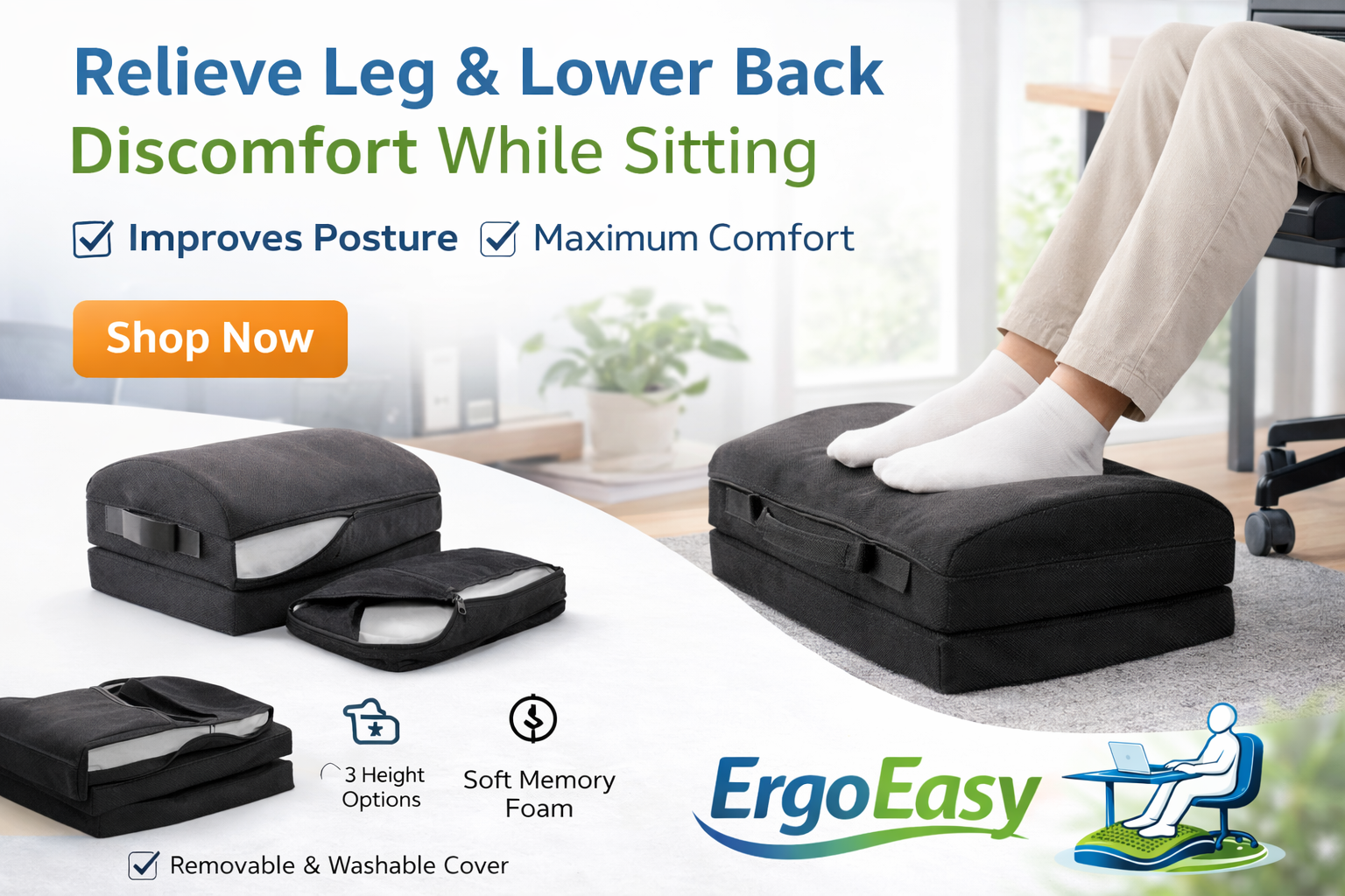 ErgoEasy® Ergonomic Footrest for Desk | Reduce Leg & Back Pain